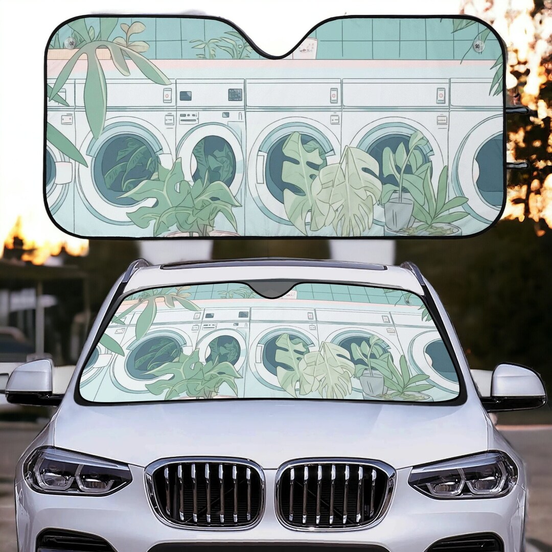 Cute Pastel Green Tropical Plant Laundromat Car Sunshade for Windshield ...