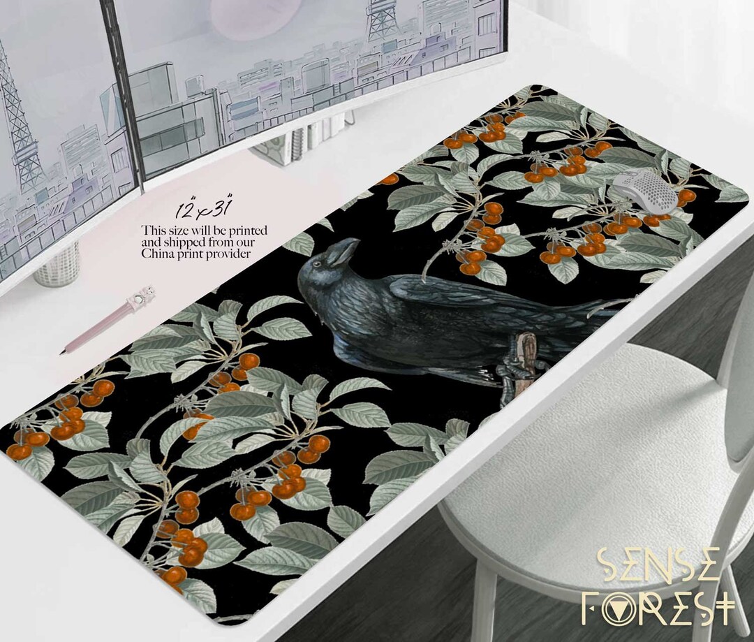Dark Forest Witch Desk Mat, Crow in Cherry Bush XXL Gaming Mousepad ...