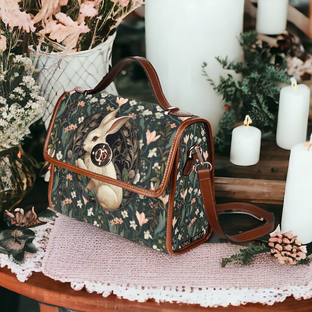 Cottagecore Floral White Rabbit Book Canvas Satchel Bag, Botanical ...