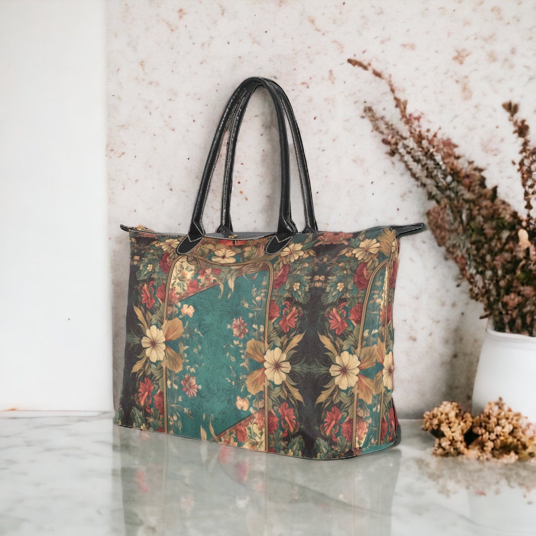 Retro Cottagecore Teal Green Floral Witch Handbag, Witchy Boho Zip Tote ...