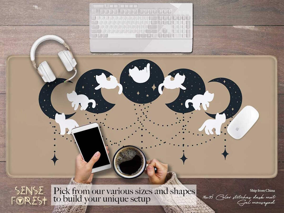 Kawaii Boho Moon Cat Desk Mat Cute, Mystical Cat Righting Reflex Gaming ...