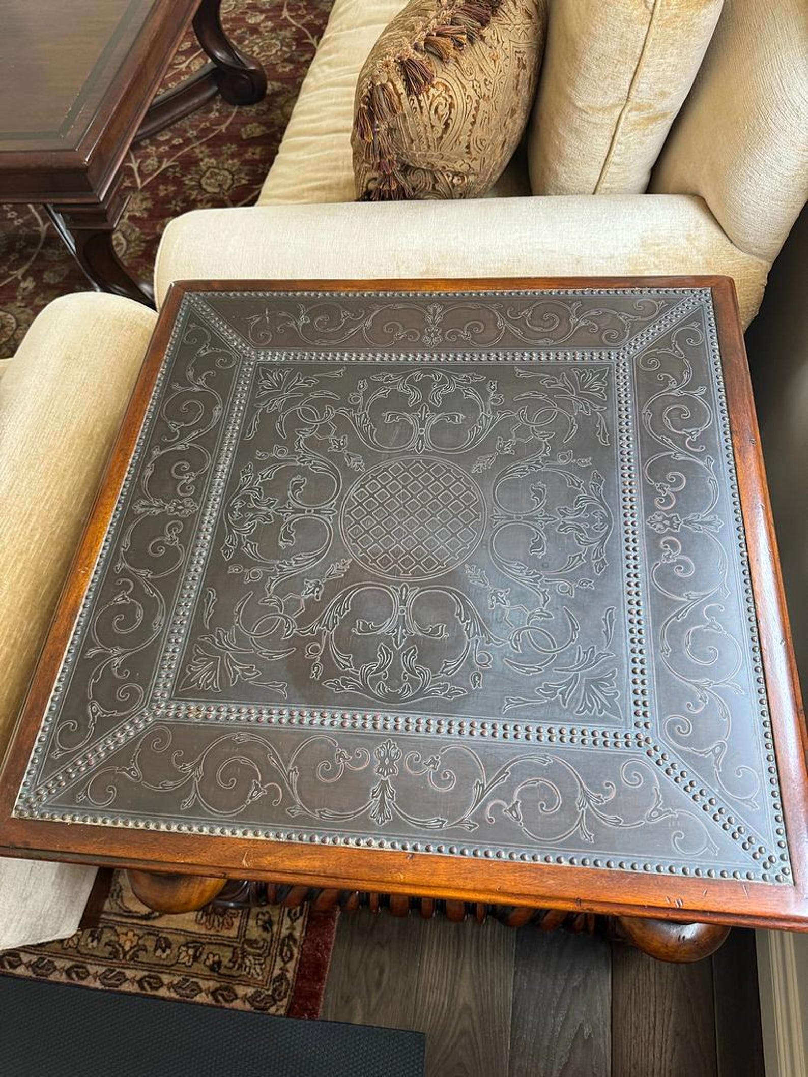 Vintage Theodore Alexander Armoury Burr Walnut Etched Brass Side Table ...