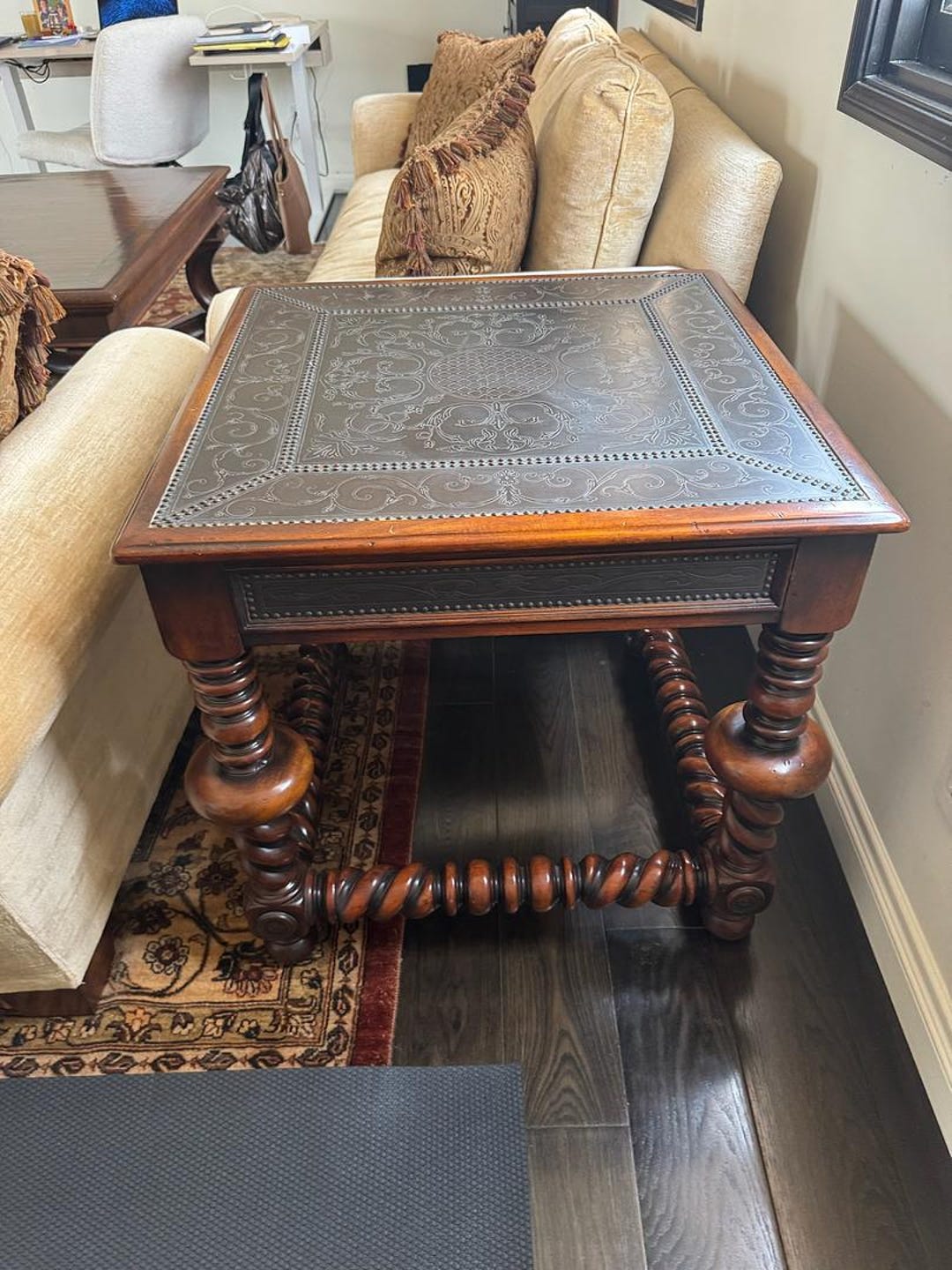 Vintage Theodore Alexander Armoury Burr Walnut Etched Brass Side Table ...