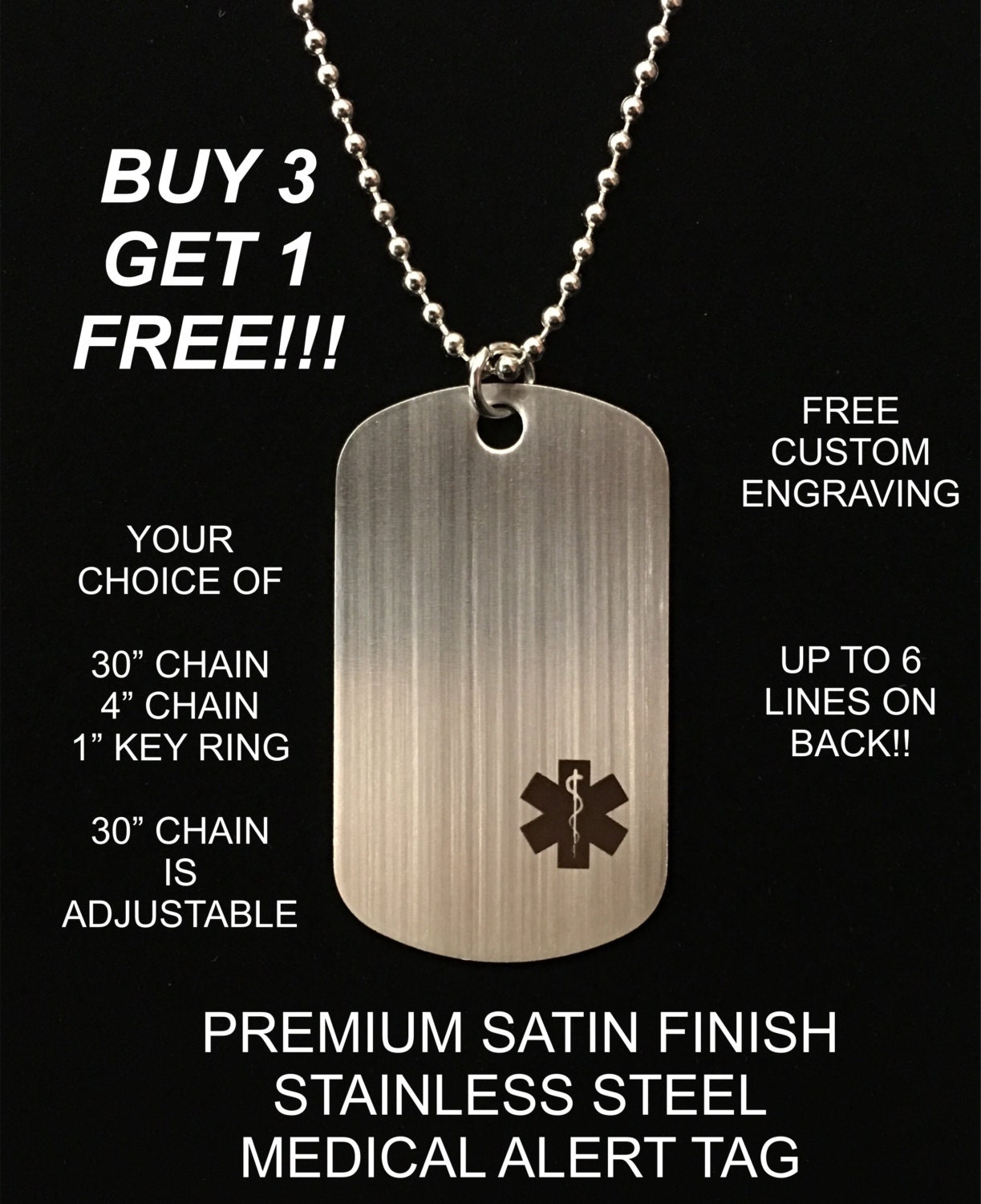 Medical ID Alert Stainless Steel Custom Engraved - up to 6 Lines of ...