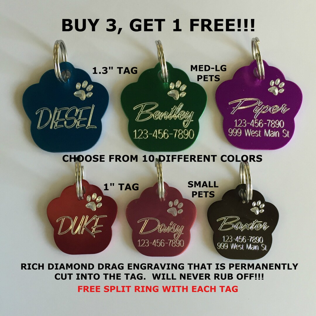 Custom Engraved Paw Print Pet Tag Dog Cat ID Name Animal (choose From ...