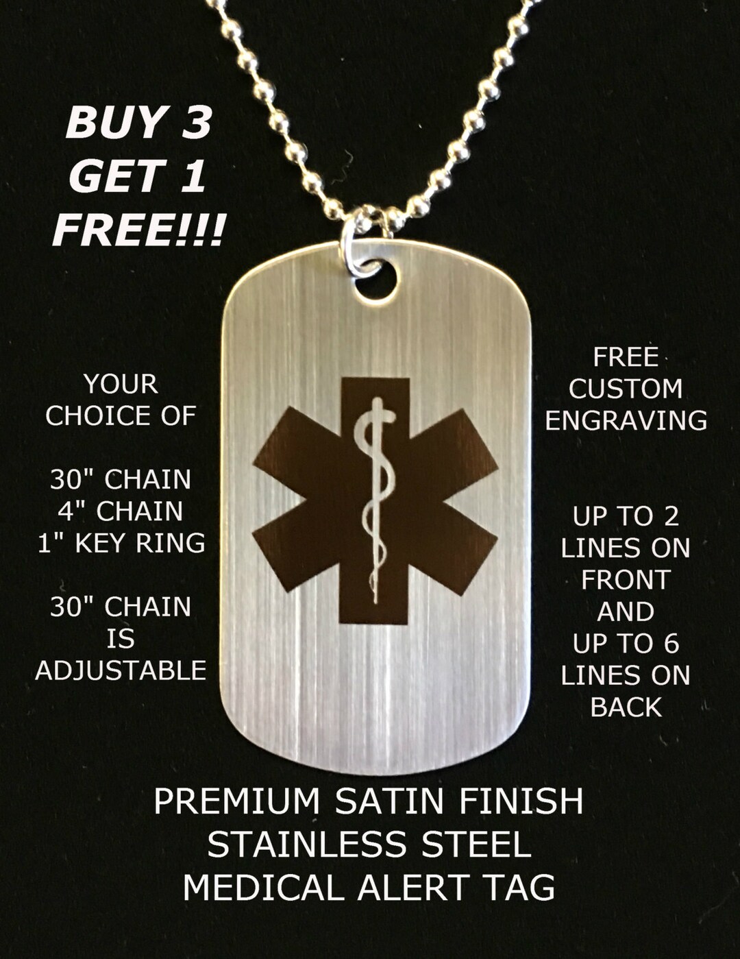 Medical Alert Stainless Steel Custom Engraved Medic ID Military Dog Tag ...