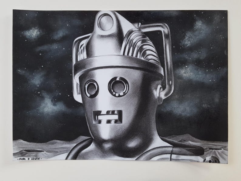 Dr DOCTOR WHO Original Art - CYBERMAN 'the Moonbase' A3 Charcoal ...