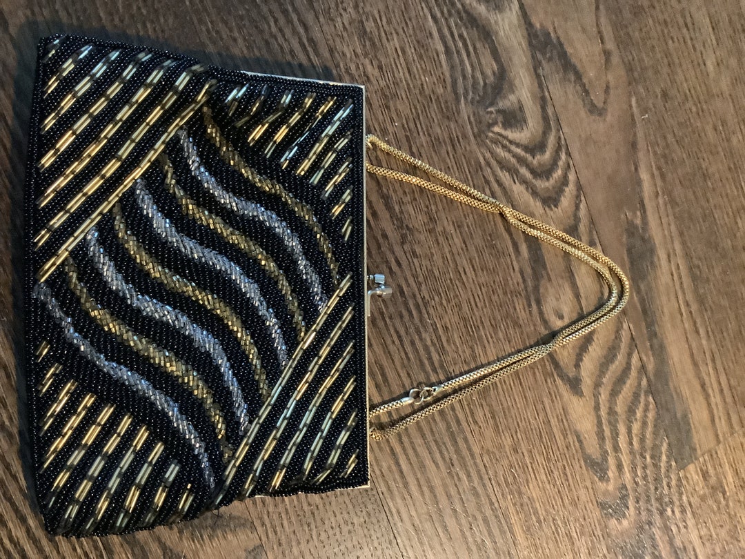 Vintage Magid Hand Seed Beaded Black Gold Silver Evening Handbag ...