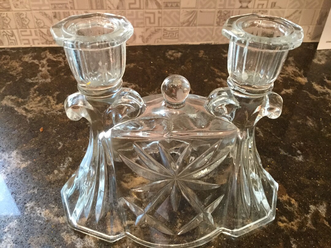 Vintage Clear Glass Double CANDLESTICKS for Tapered Candles; Starburst ...