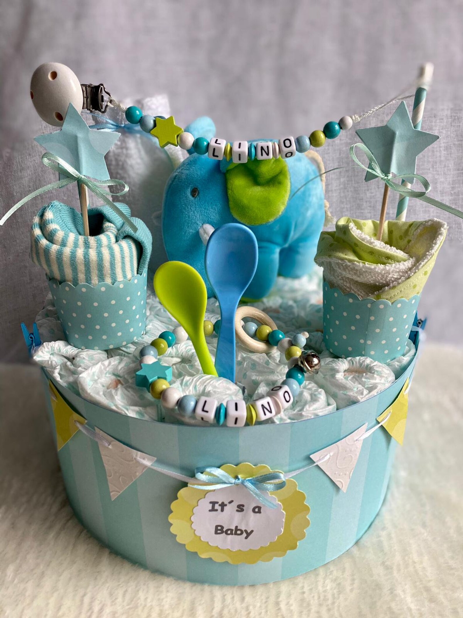 Diaper Cake Elephant Lemon Blue White | Etsy