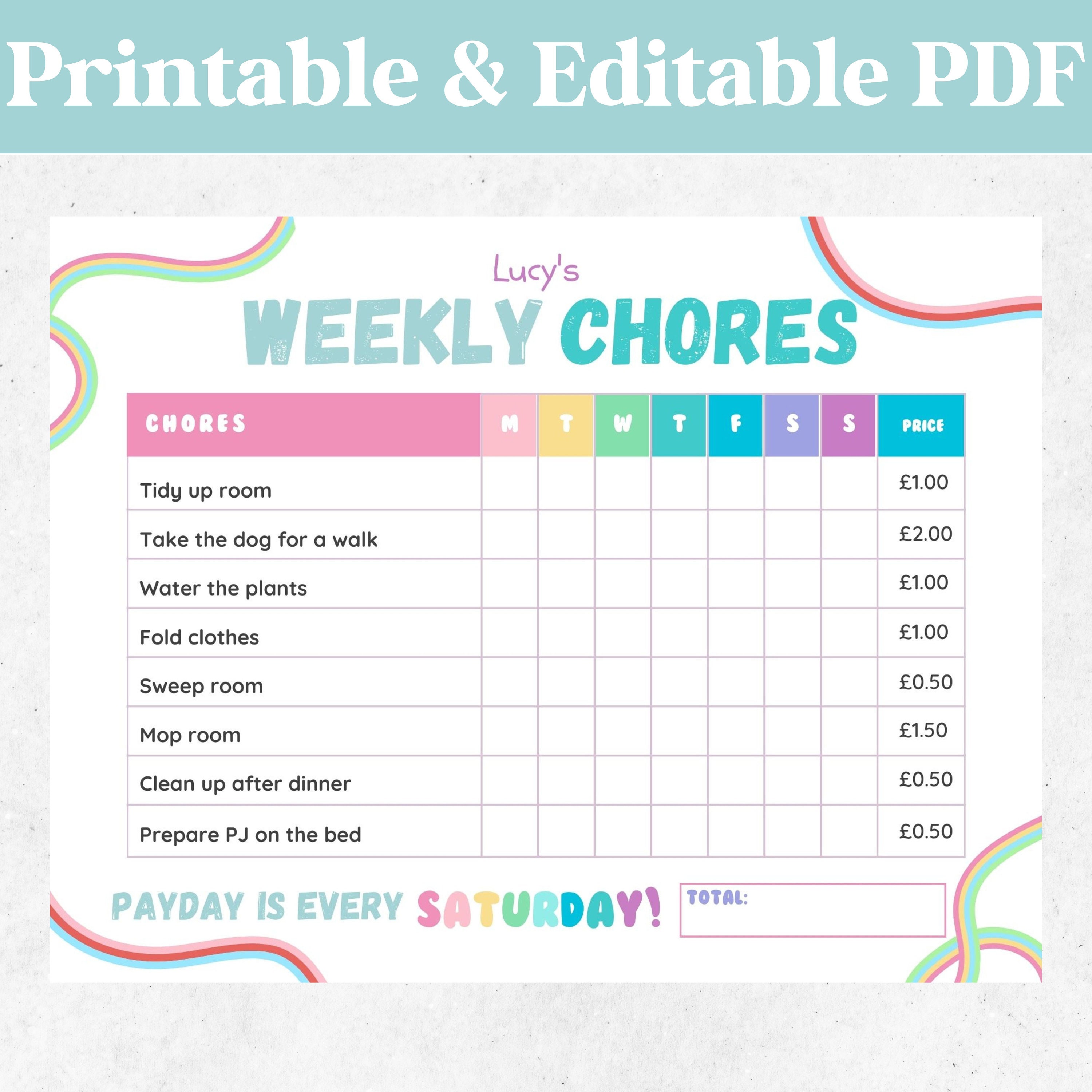 Kids Chore Chart, Instant Download Kids Chores, Editable Chore Chart ...
