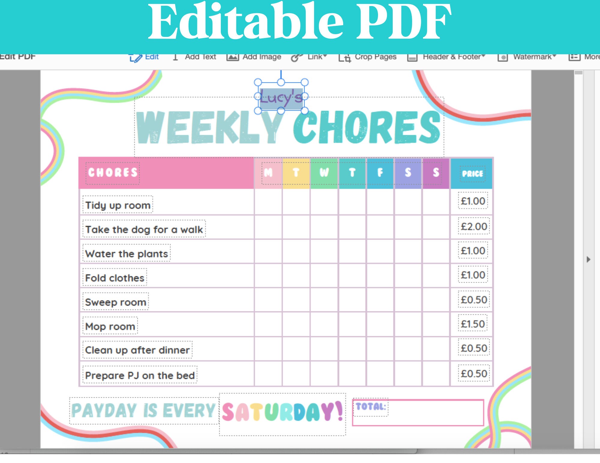 Kids Chore Chart, Instant Download Kids Chores, Editable Chore Chart ...