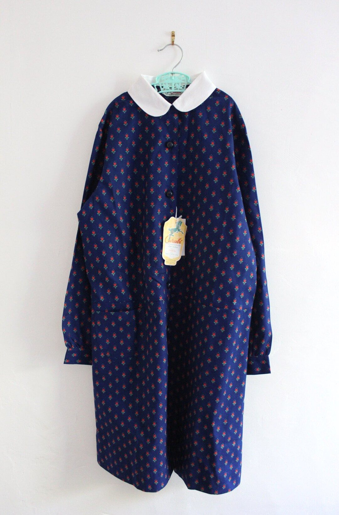 Vintage 60's Navy Blue Floral Cotton Smock - French NOS - Size 11 Years ...