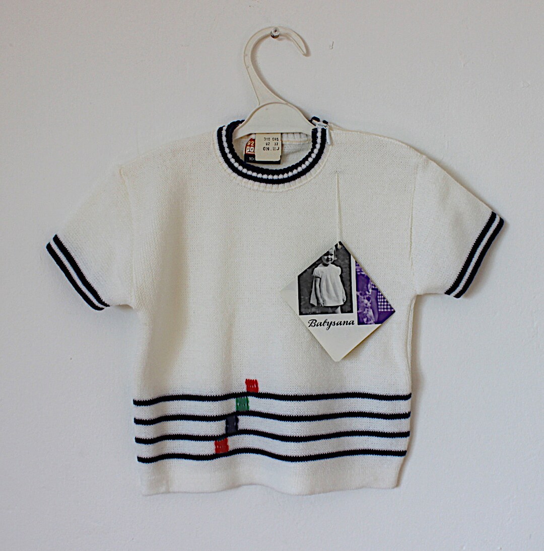 Vintage 60s White Knitted Top With Stripes and Embroideries - Belgian ...