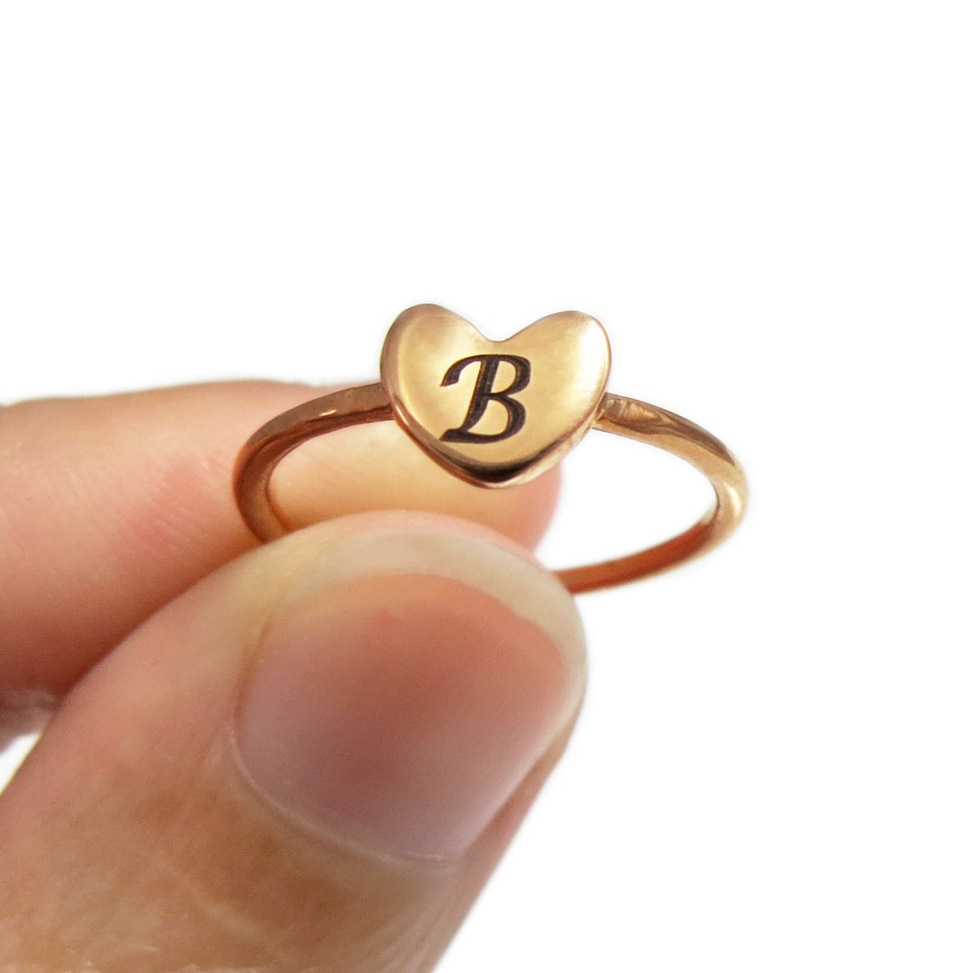 Dainty Initial Ring, Rose Gold Heart Ring, Personalized Heart Ring ...