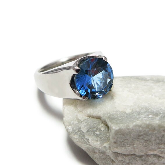 Blue Stone Ring Silver Birthstone Ring Blue Solitaire Ring | Etsy