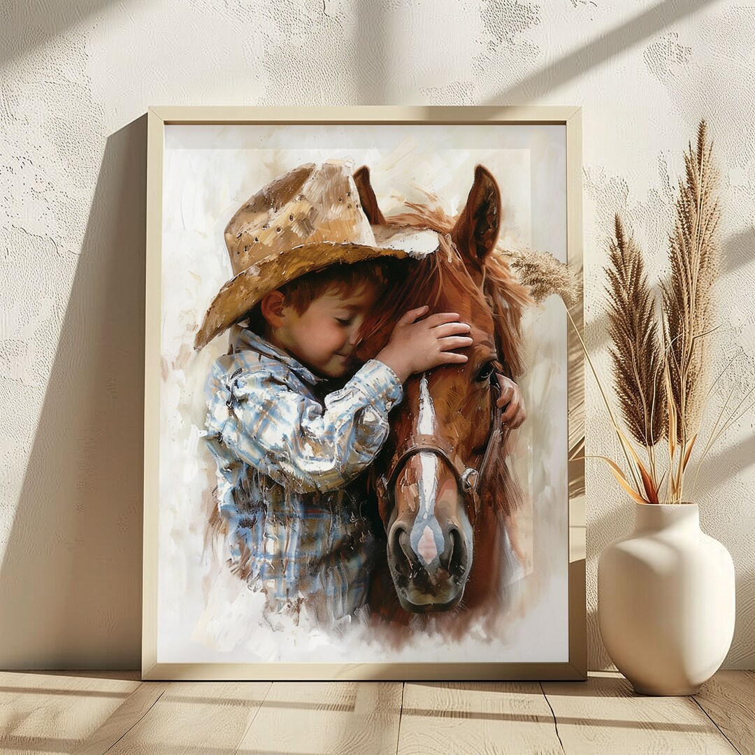 Young Cowboy Hugging Horse Poster. Serene Western Wall Hanging. Calm ...