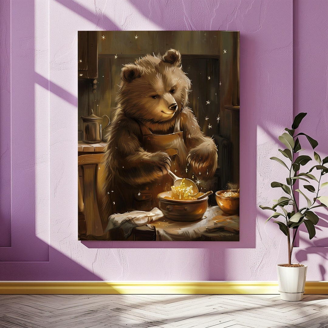 Mama Bear in Kitchen Making Golden Porridge Canvas. Nursery Bedroom ...