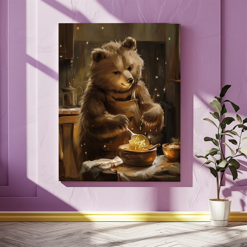 Mama Bear in Kitchen Making Golden Porridge Canvas. Nursery Bedroom ...