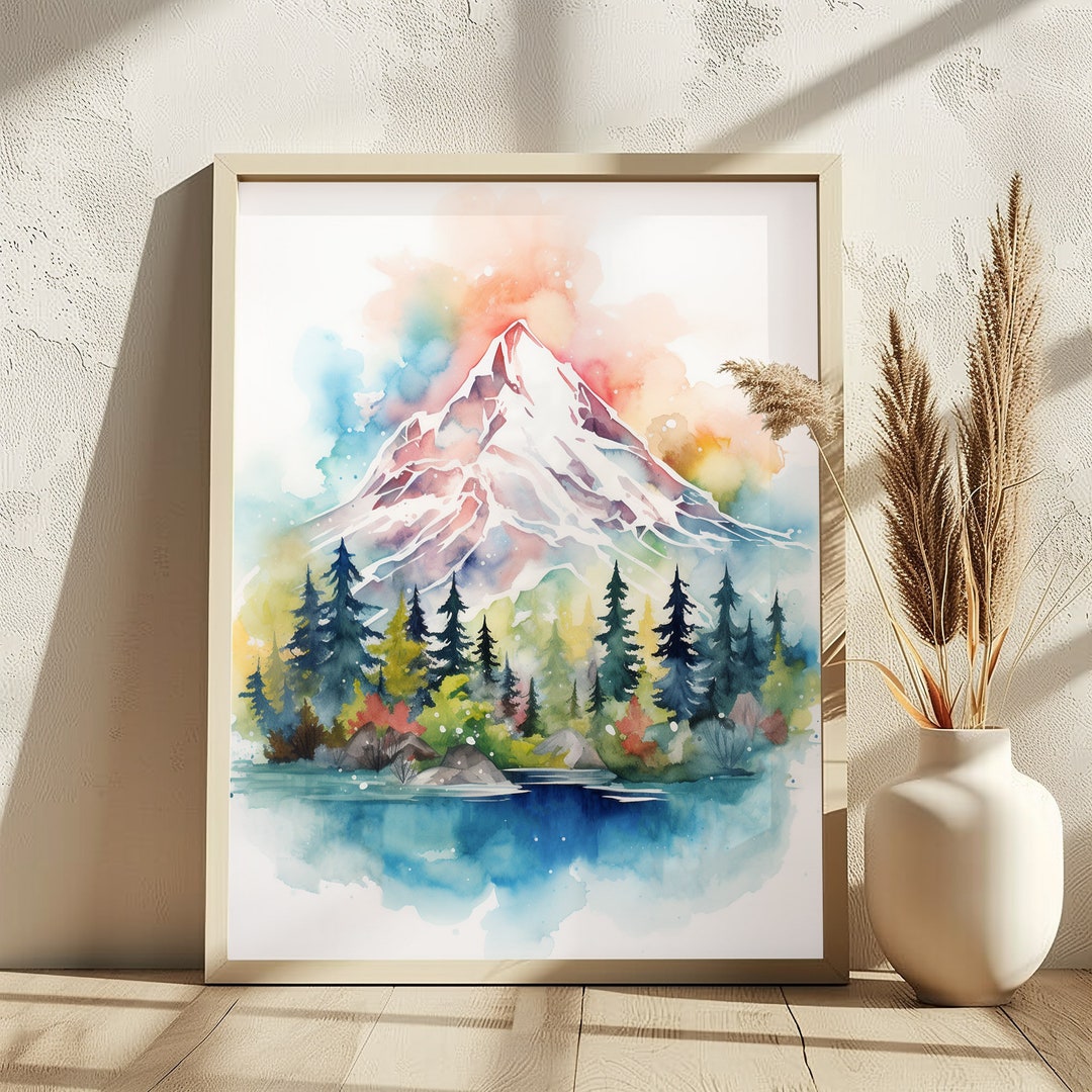 Watercolor Style Poster. Colorful Mountain With Lake and Forest. Nature ...