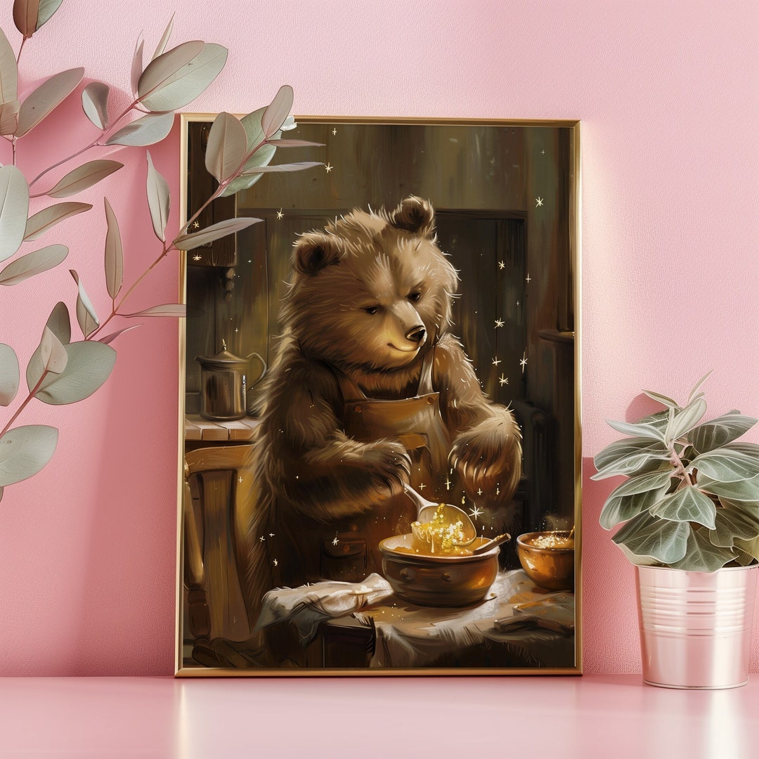 Mama Bear in Kitchen Making Golden Porridge Poster. Nursery Bedroom ...
