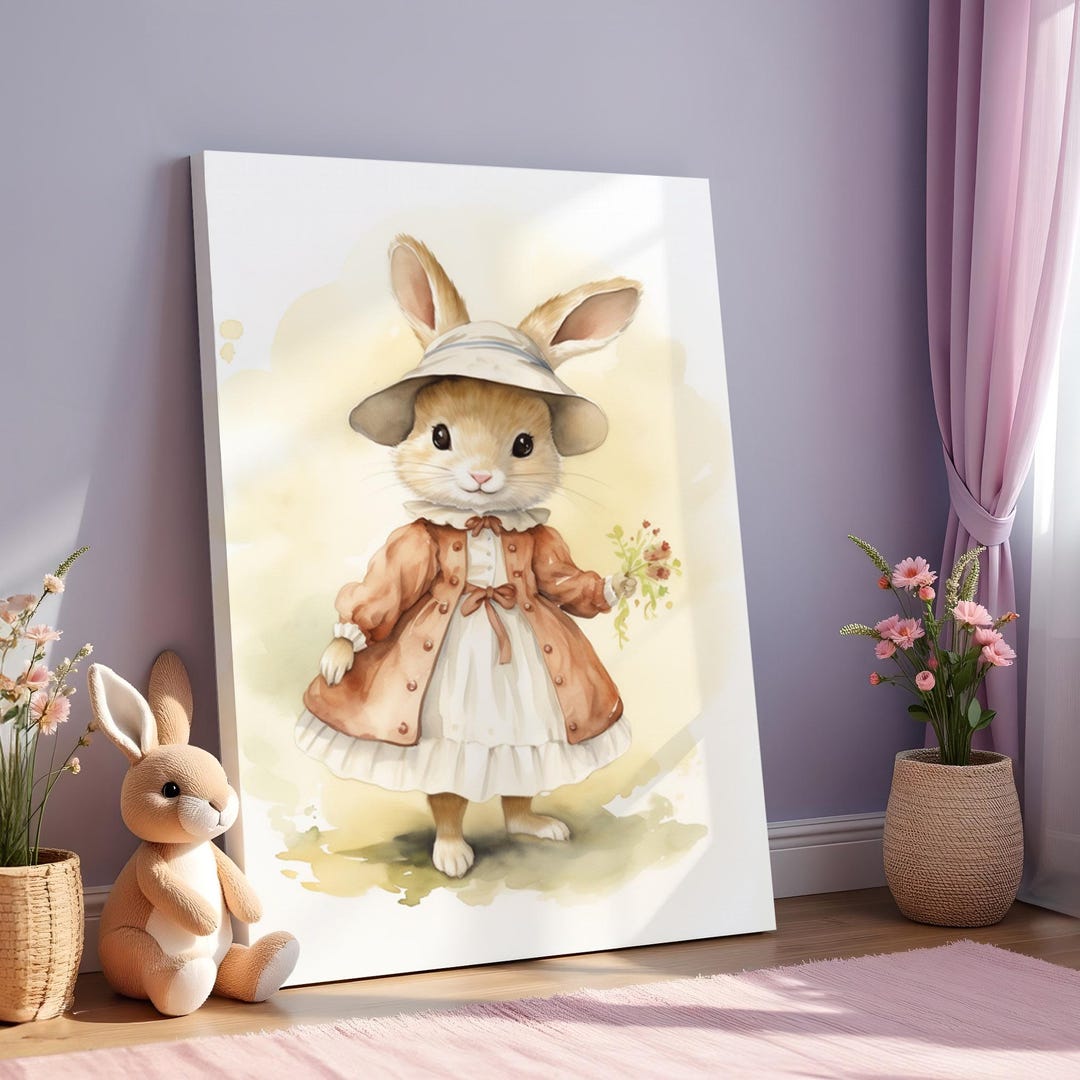 Cottagecore Bunny Wall Art. Rabbit Vintage Dress. Woodland Animal Decor ...