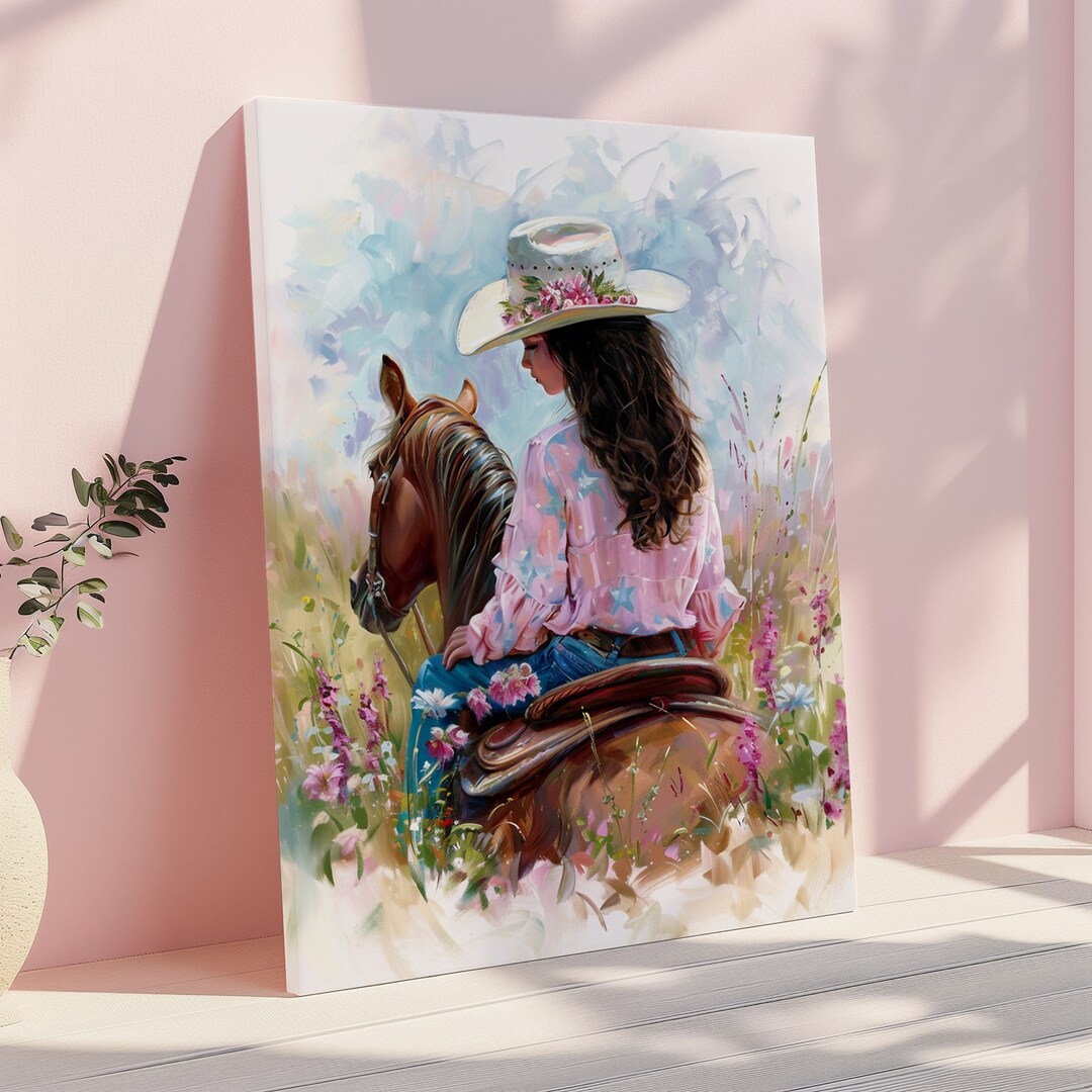 Brunette Cowgirl Riding Horse Canvas. Western Wall Hanging. Calm ...