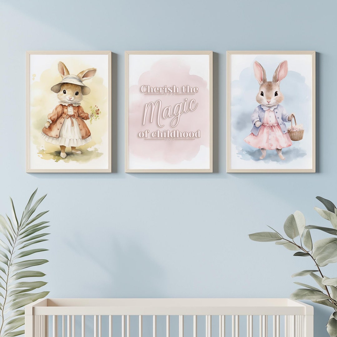 Whimsical Bunnies Poster Set. Cute Rabbits Nursery Prints. Watercolor ...