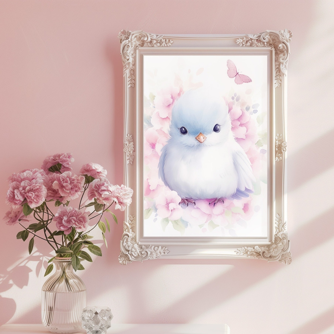 Poster of Cute Blue Baby Bird With Pink Flowers and Butterfly. Wall Art ...