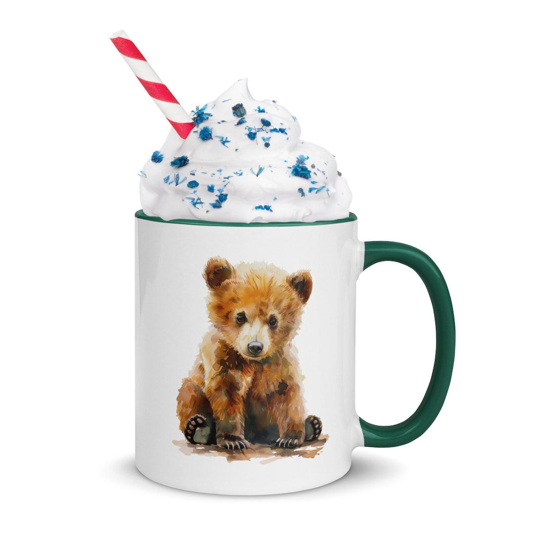 Baby Bear Ceramic Mug. Brown Bear Cub Drinking Cup. 11oz Green Accents ...
