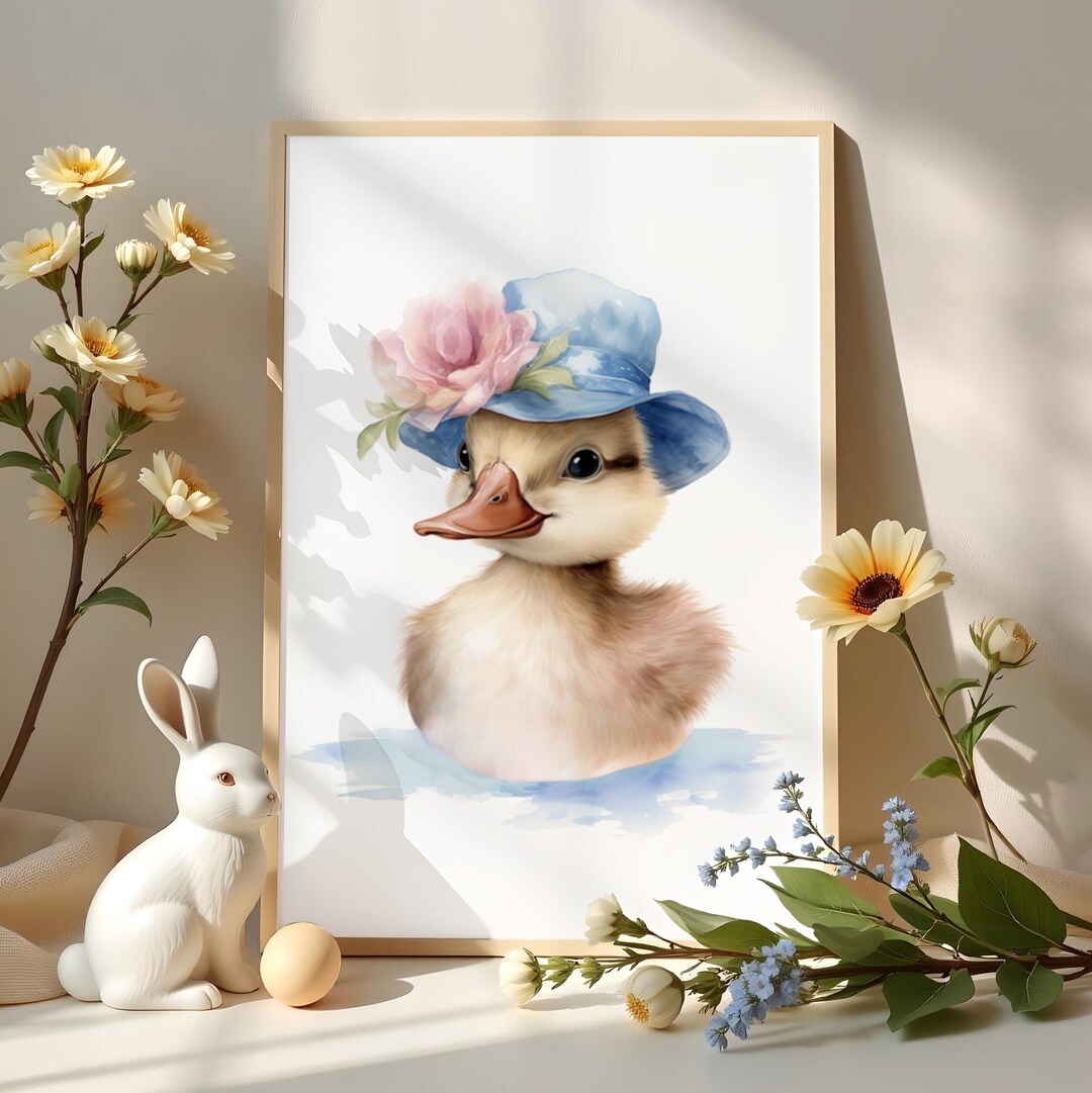 Young Duckling Poster Option 1 - Cute Baby Duck in Floral Hat - Spring ...