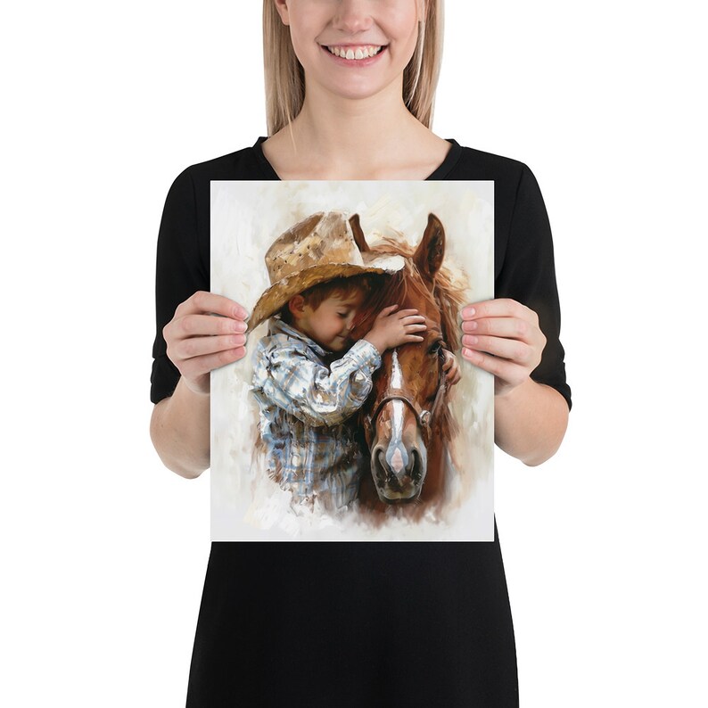 Young Cowboy Hugging Horse Poster. Serene Western Wall Hanging. Calm ...