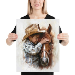 Young Cowboy Hugging Horse Poster. Serene Western Wall Hanging. Calm ...