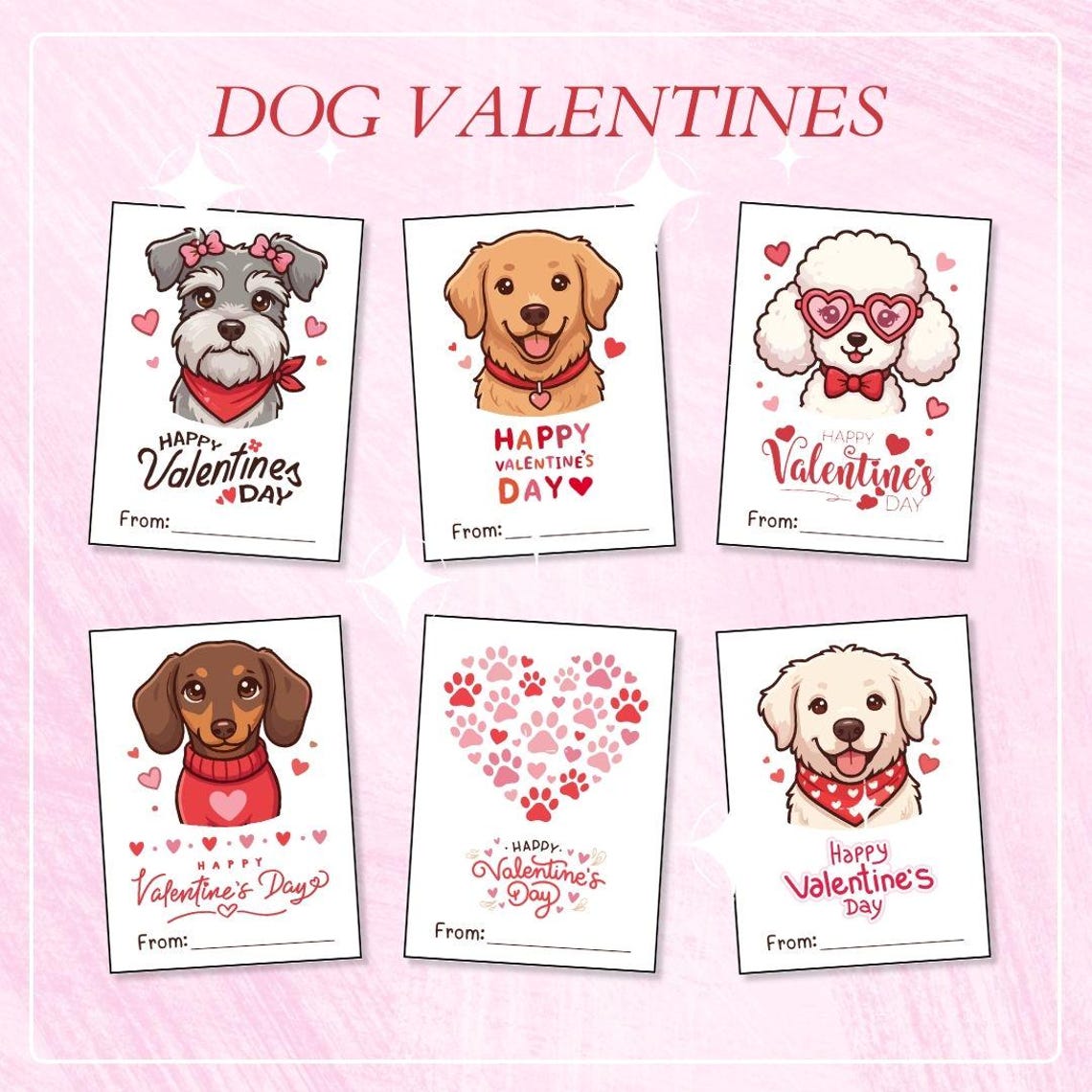 Printable Dog Themed Valentines for Kids! Set of 12 Unique Cards ...