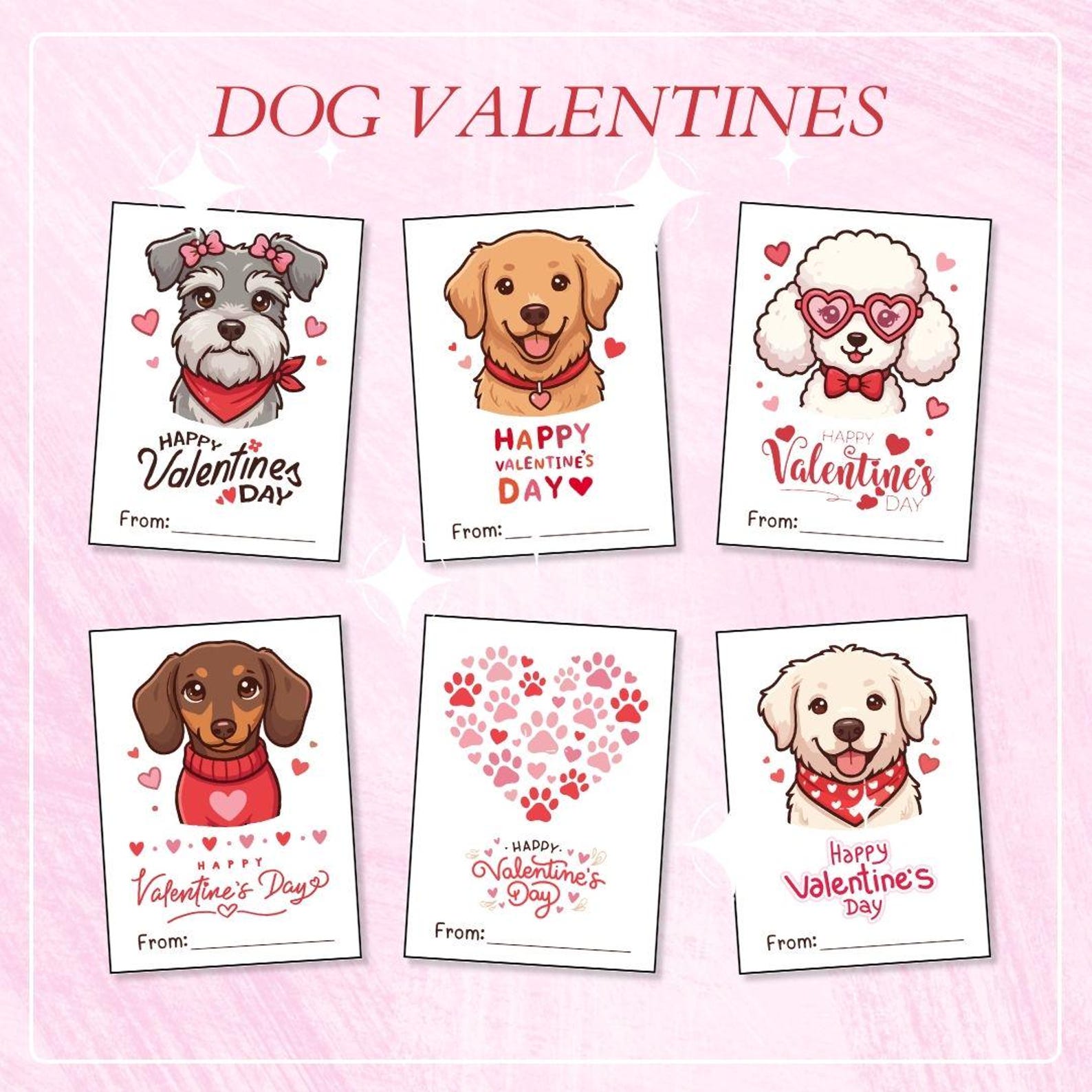 Printable Dog Themed Valentines for Kids! Set of 12 Unique Cards ...