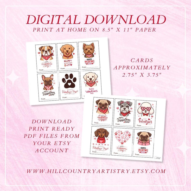 Printable Dog Themed Valentines for Kids! Set of 12 Unique Cards ...
