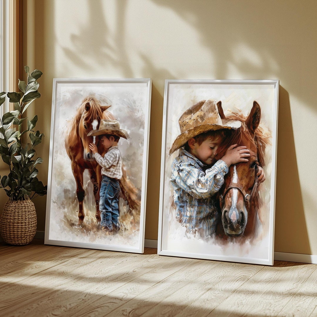 Conjunto de pôsteres country western. Pinturas de cowboy e cavalo ...