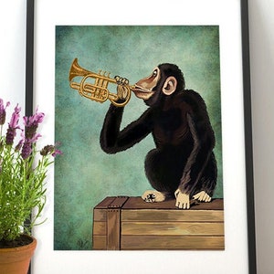 Jungle Nursery Print - Monkey Playing Trumpet - Artwork for Children ...