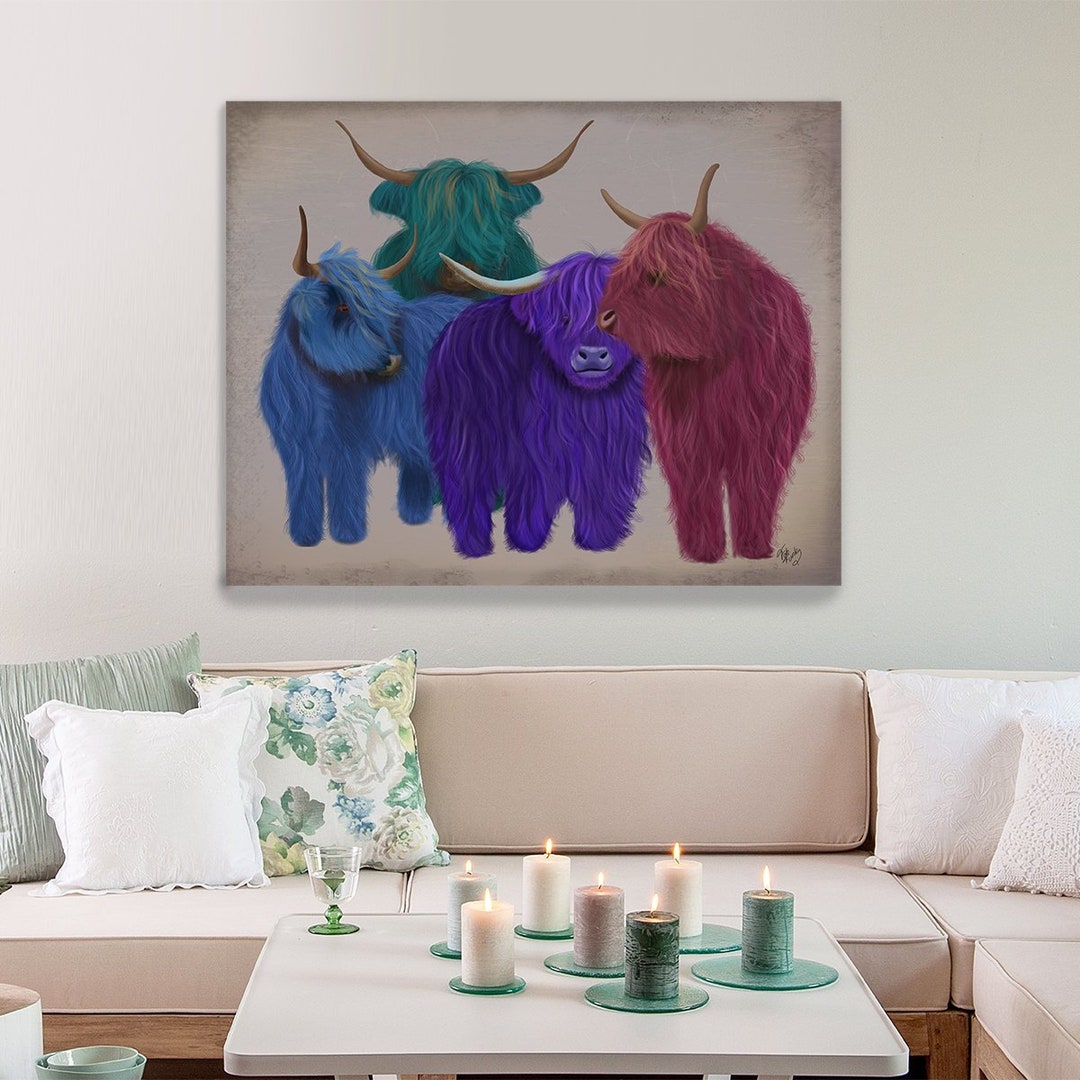 Ranch Decor - Highland Cows Multicolored Herd Colorful Canvas Art ...