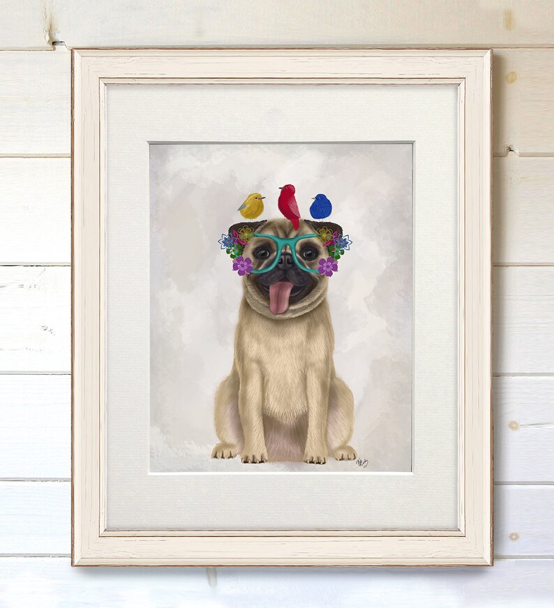 Pug Art Gift Unique Pug Gift Pug and Flower Glasses Cute - Etsy UK