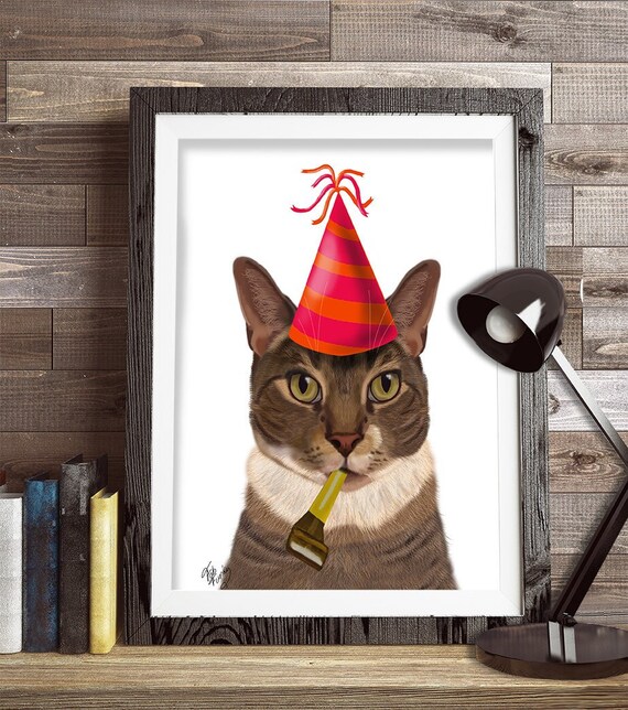 Cat in a Hat Funny Cat Picture in a Party Hat Framed or - Etsy