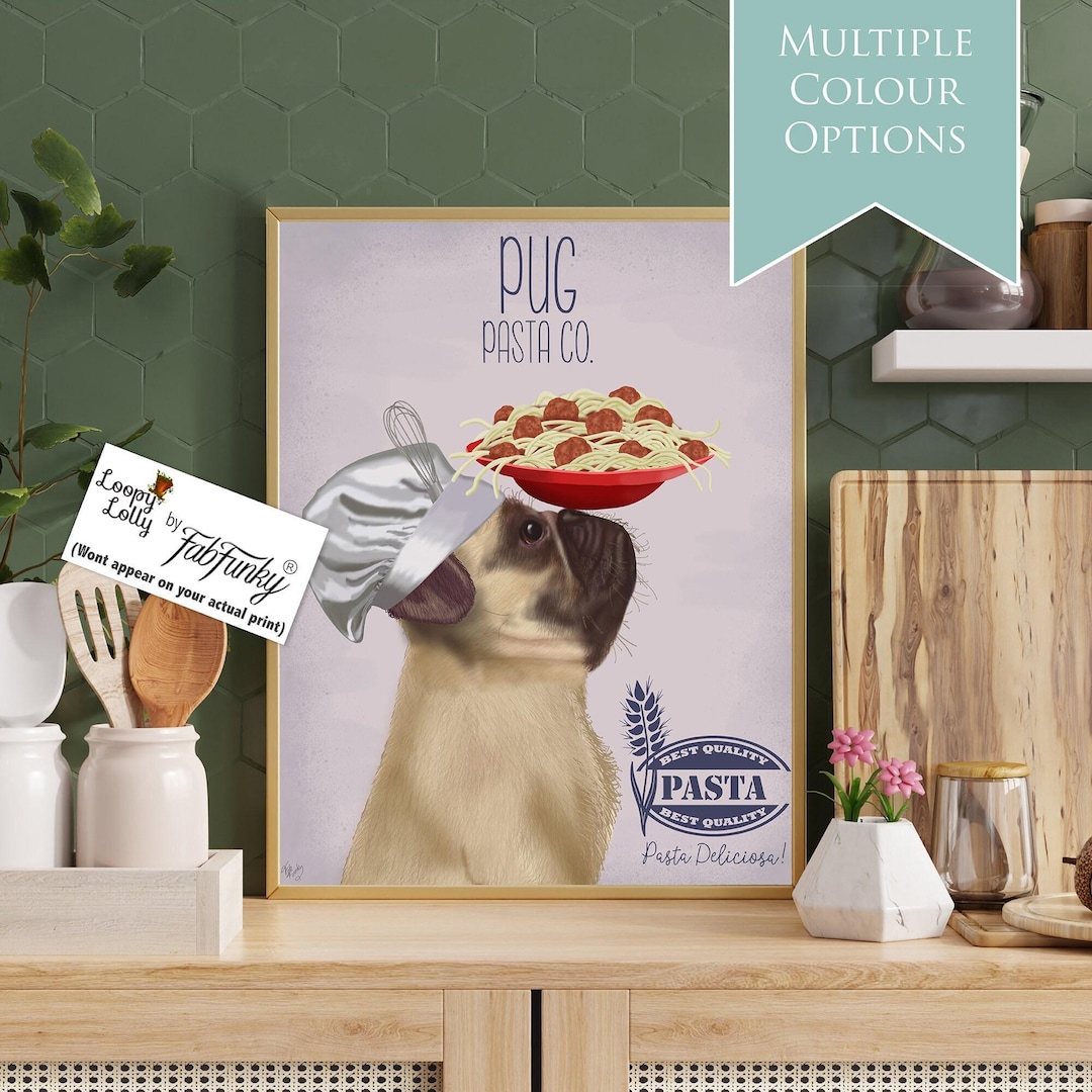 Fawn Pug Art Print, Funny Pug Wall Art With Spaghetti Pasta - Etsy