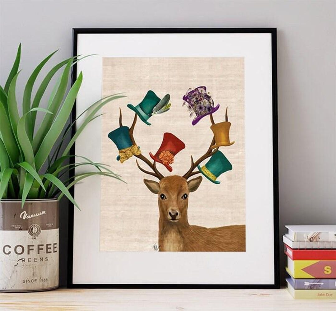 Mad Hatter Art, Deer Wall Art Print for Kids Bedroom or Hat Collector ...