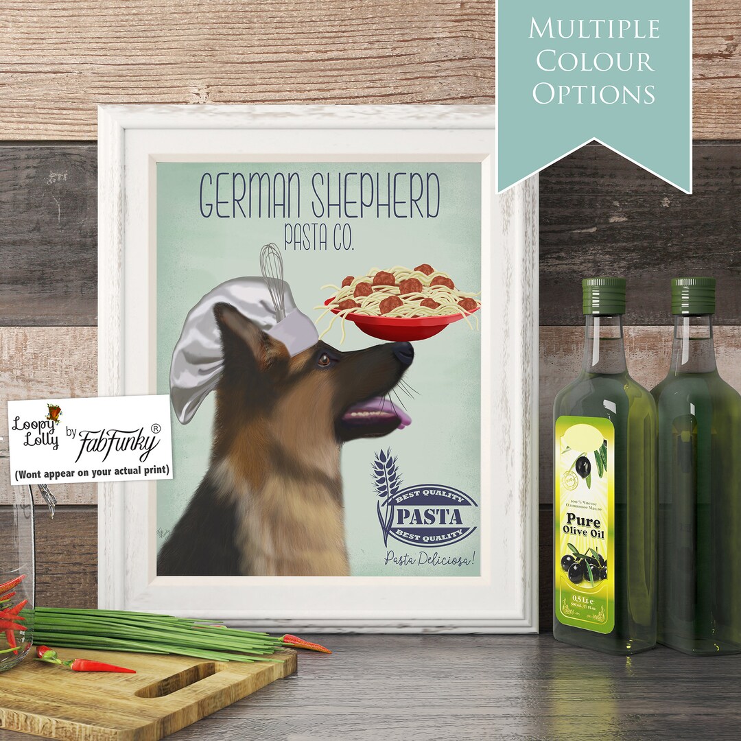 Cute Whimsical German Shepherd Dog Art Print, Italian Style Spaghetti ...