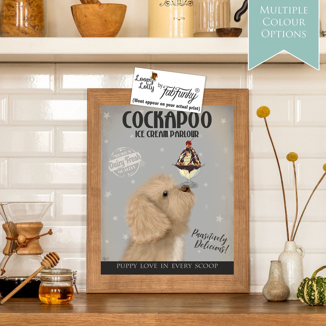 Ice Cream Parlour Blonde Cockapoo Dog Art Print, Colorful Kitchen Wall ...