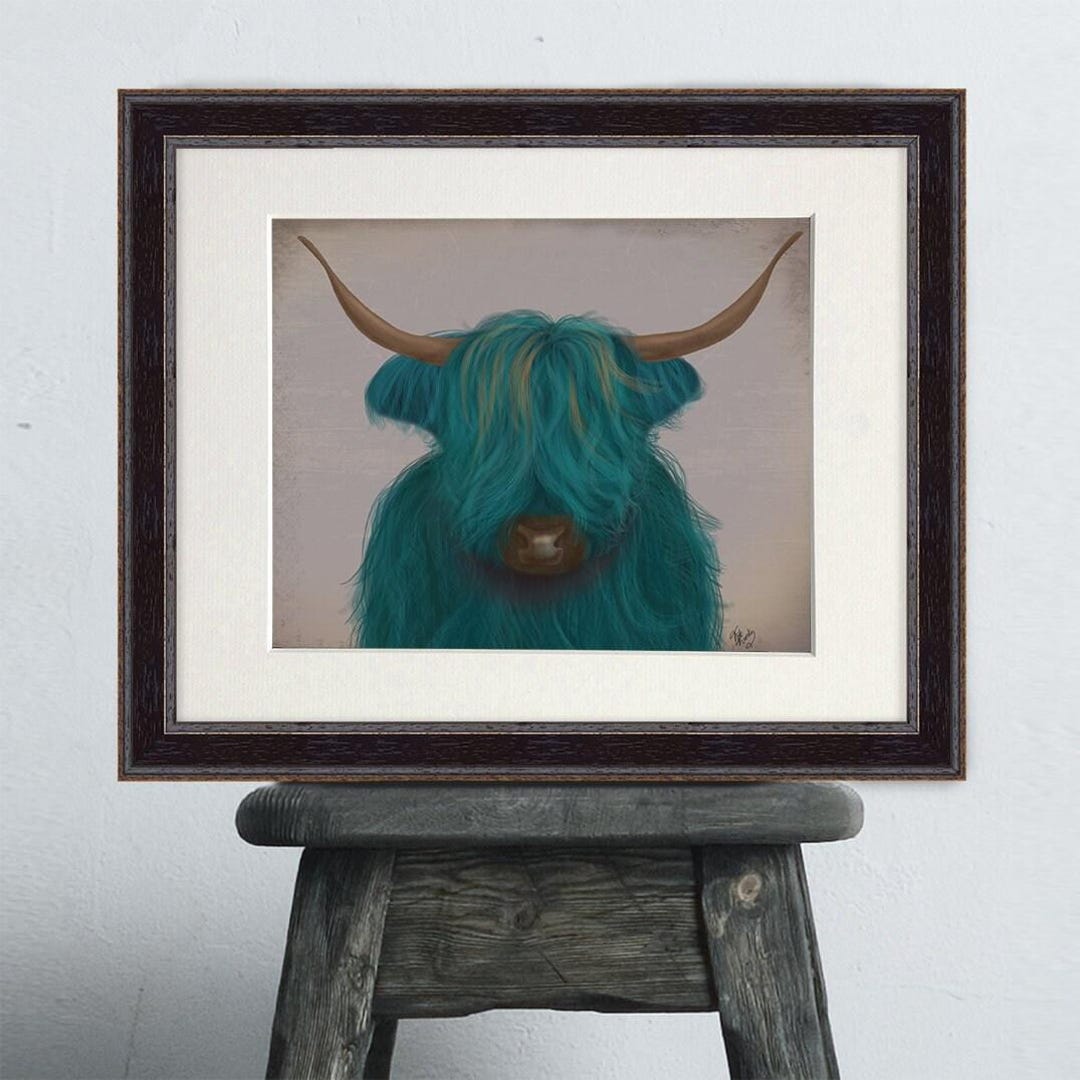 Highland Cow Turquoise Portrait: Modern Farmhouse Art Print - Etsy