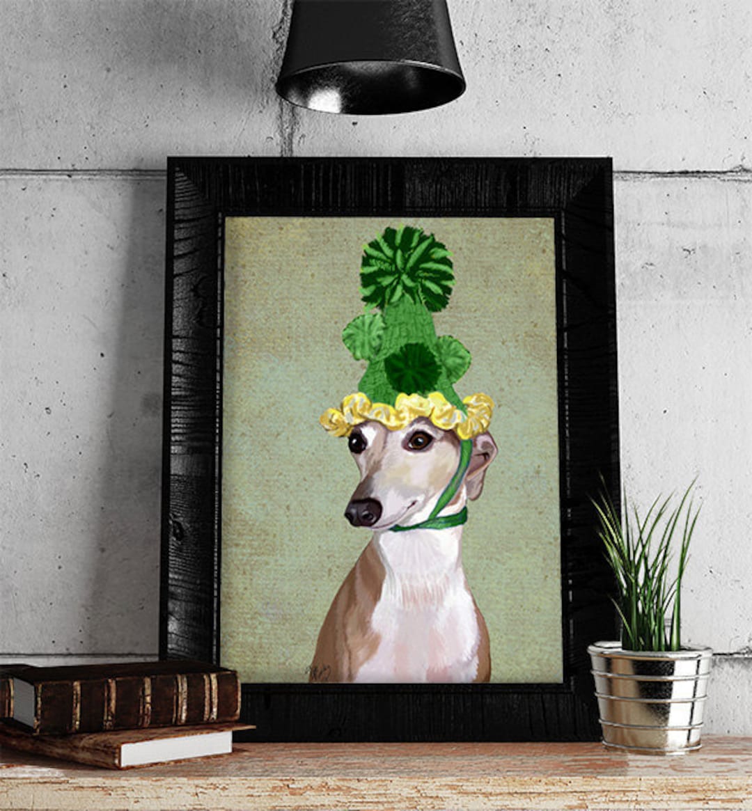 Greyhound Print Green Hat Poster Dog Illustration Dog Picture - Etsy