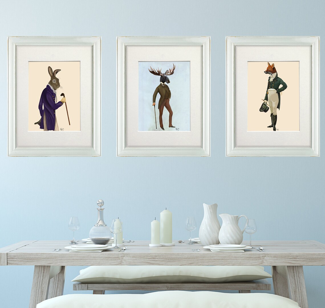 Set of 3 Prints Anthropomorphic Hare Print Moose Wall Art | Etsy UK