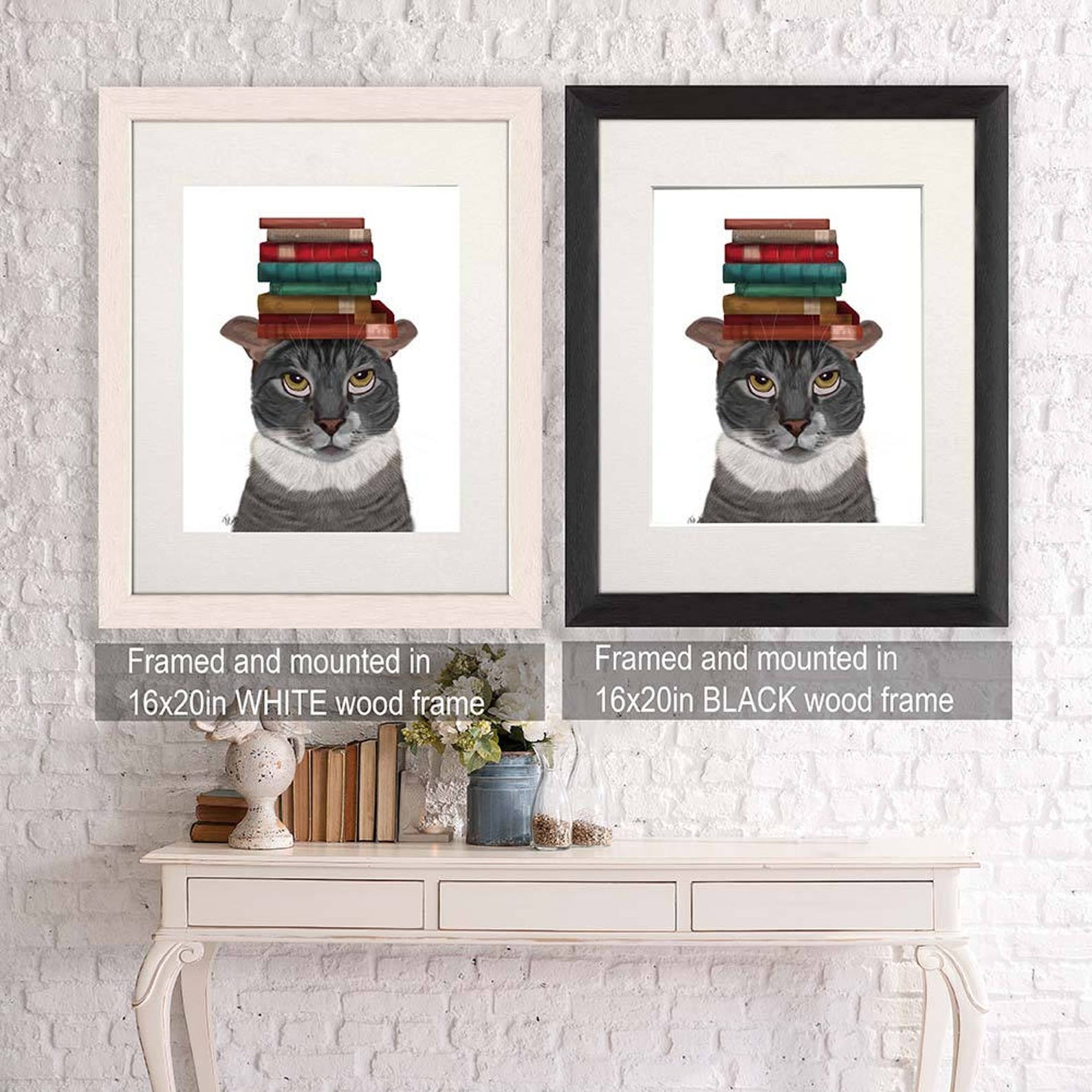 Grey Cat Books on Head Grey Cat Painting Grey Cat Print Book - Etsy