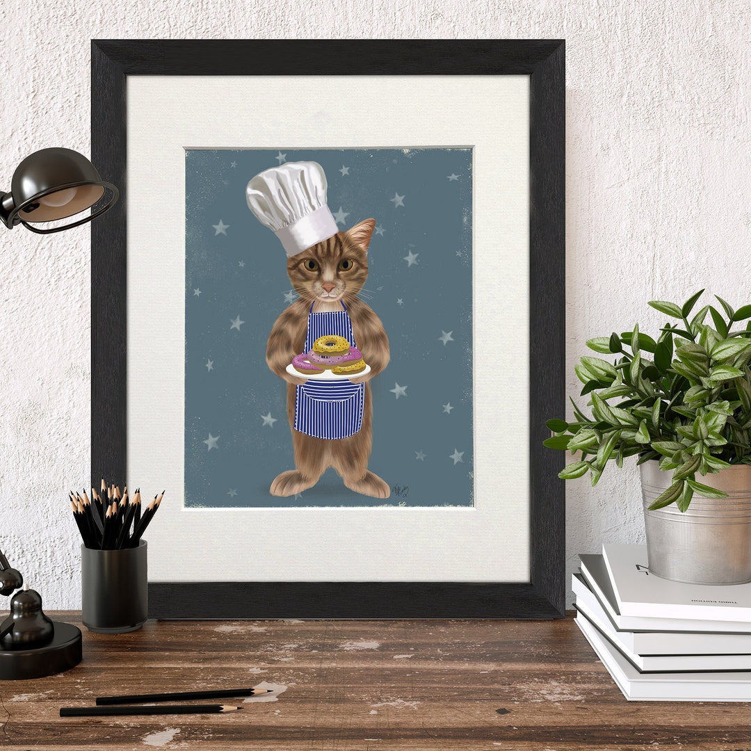 Cat Art Print, Cute Picture of a Tabby Cat Chef With a Plate of Donuts ...